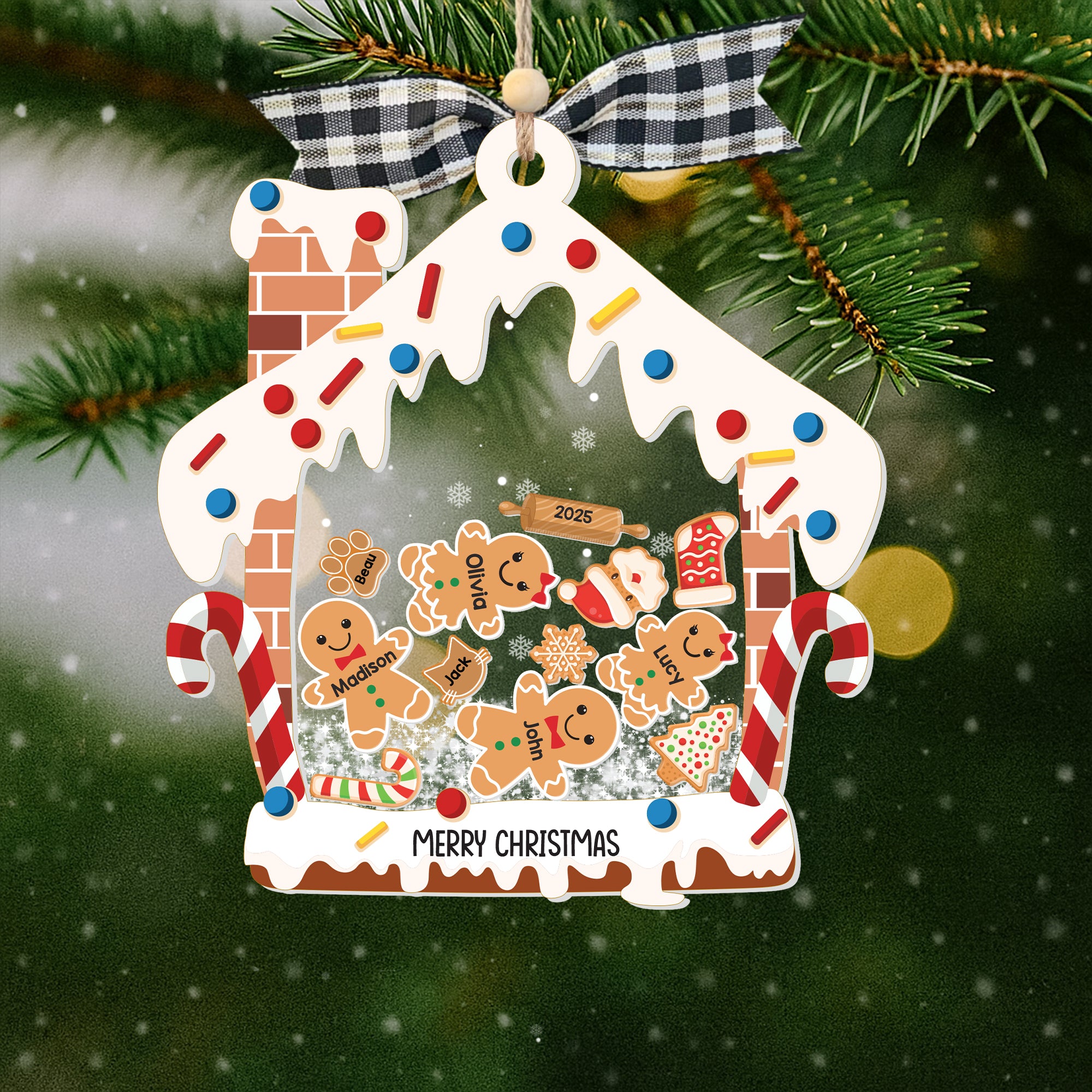 Personalized Gingerbread House Family Ornament with Pets, Custom 4D Sh