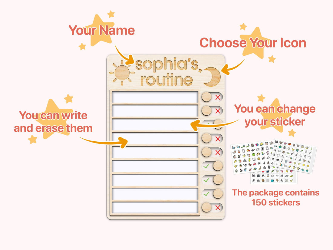 Wooden Routine Chart with 150+ Stickers, Morning and Bedtime Chore ...
