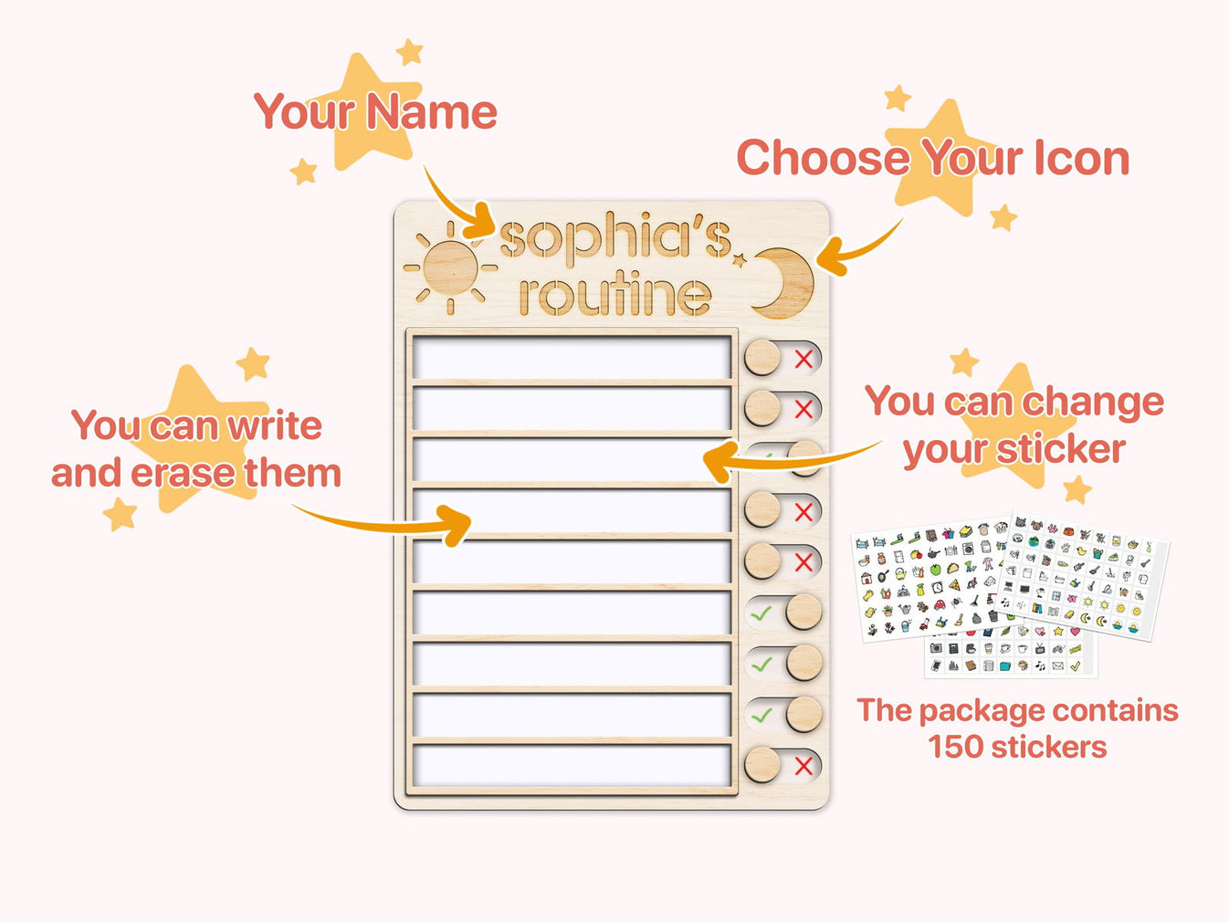 Wooden Routine Chart with 150+ Stickers, Morning and Bedtime Chore ...